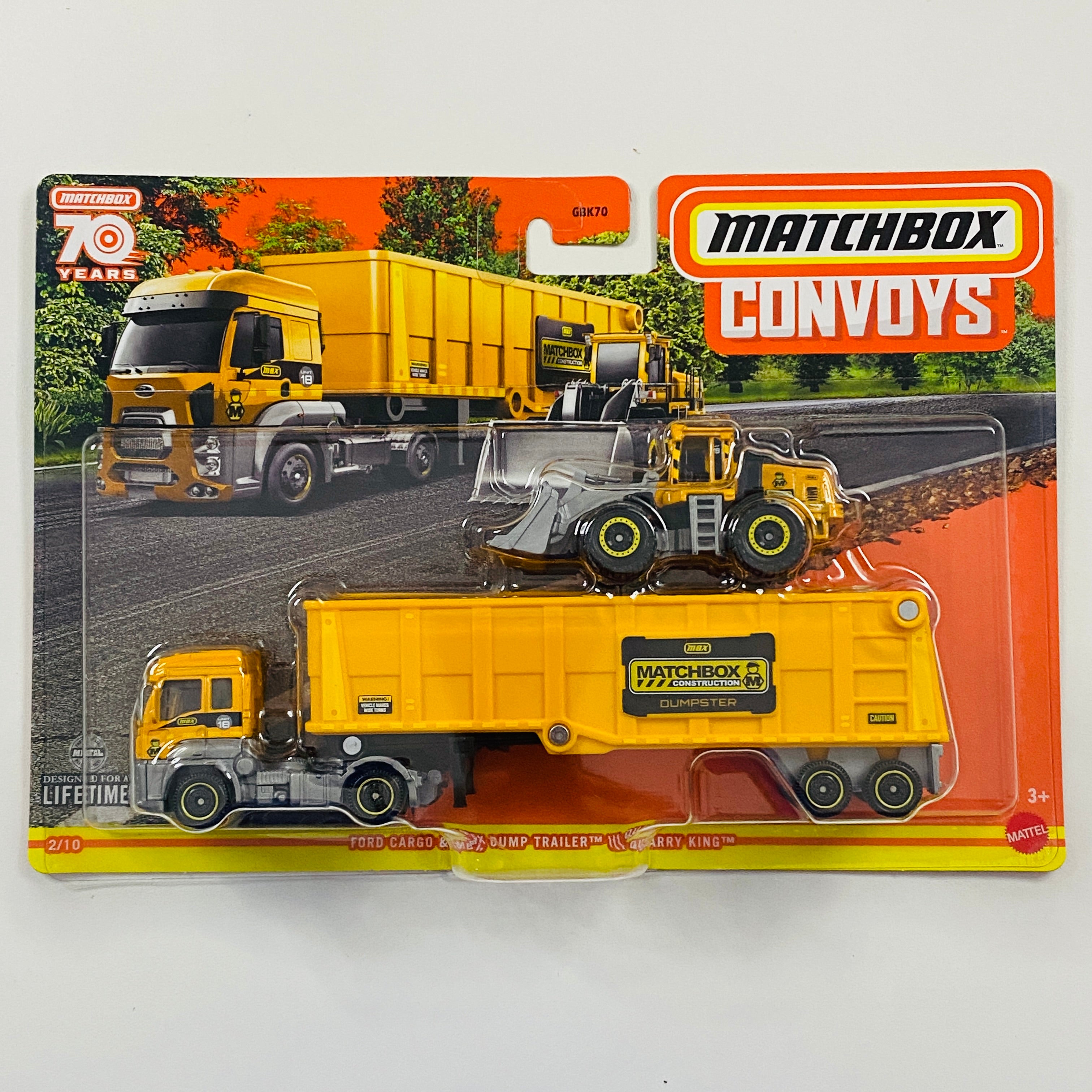 2023 Matchbox Convoys Ford Cargo & Dump Trailer con Quarry King naranj