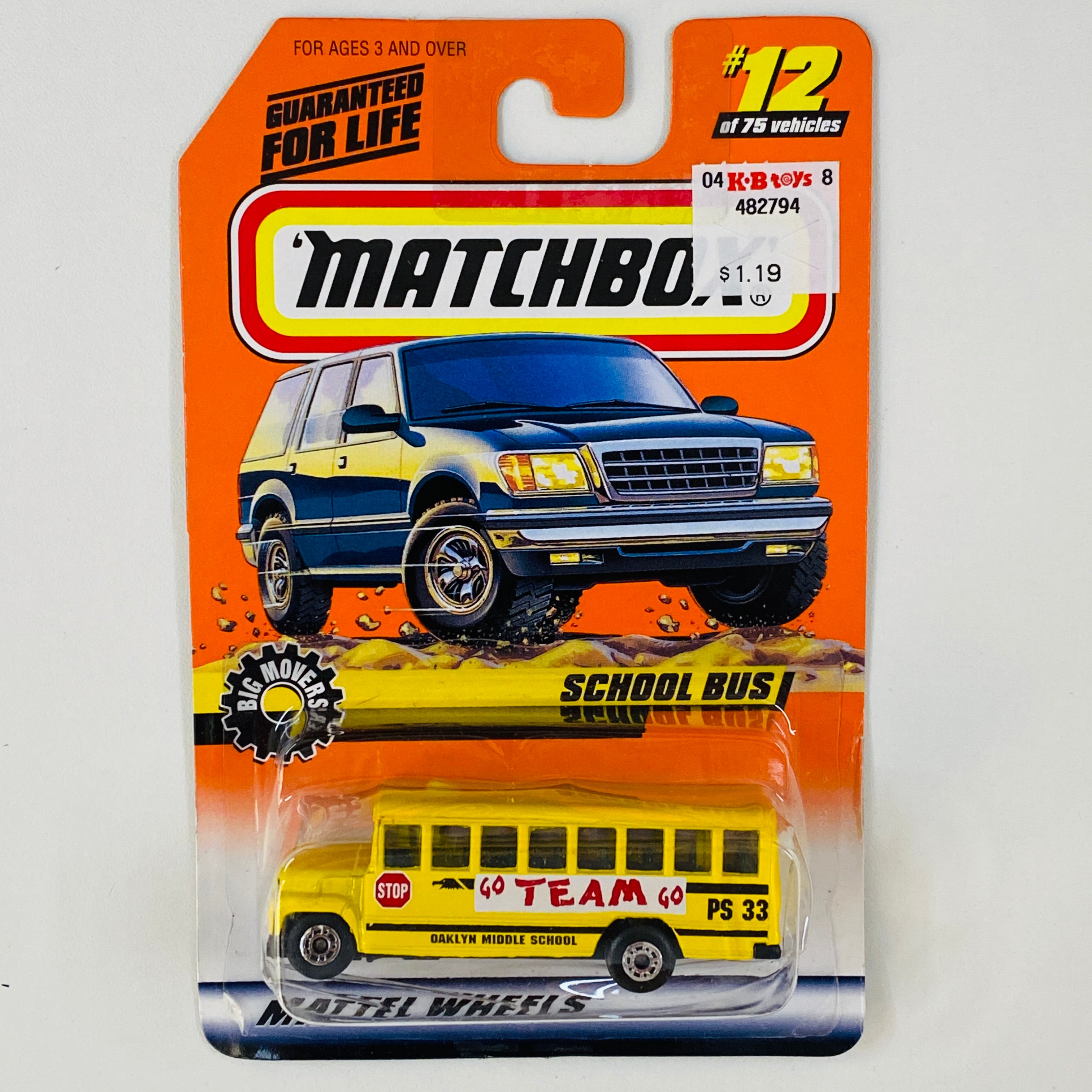 1998 Matchbox Big Movers Wayne Lifeguard School Bus amarillo - Detalle