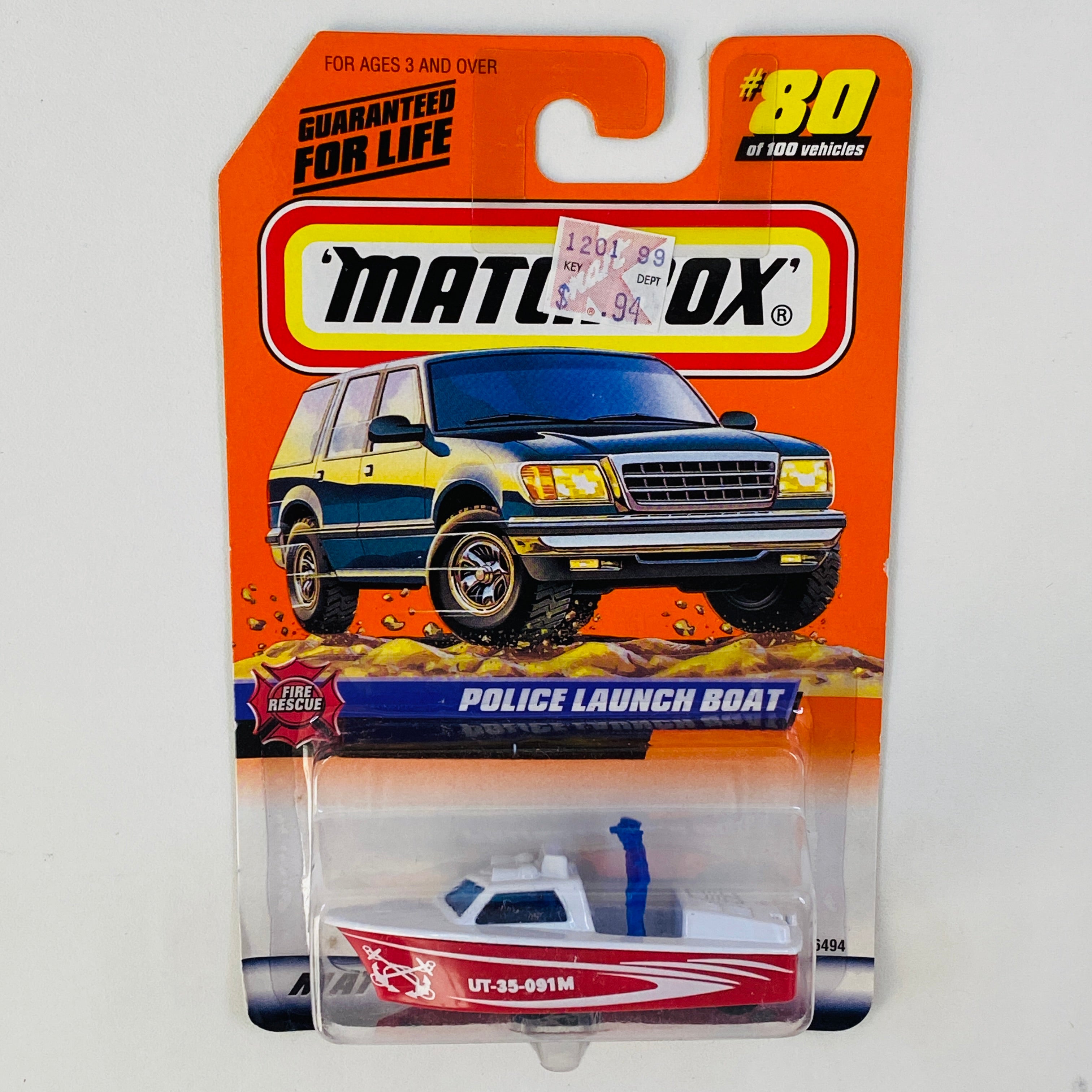 1999 Matchbox Fire Rescue Police Launch Boat blanco con rojo Bombero