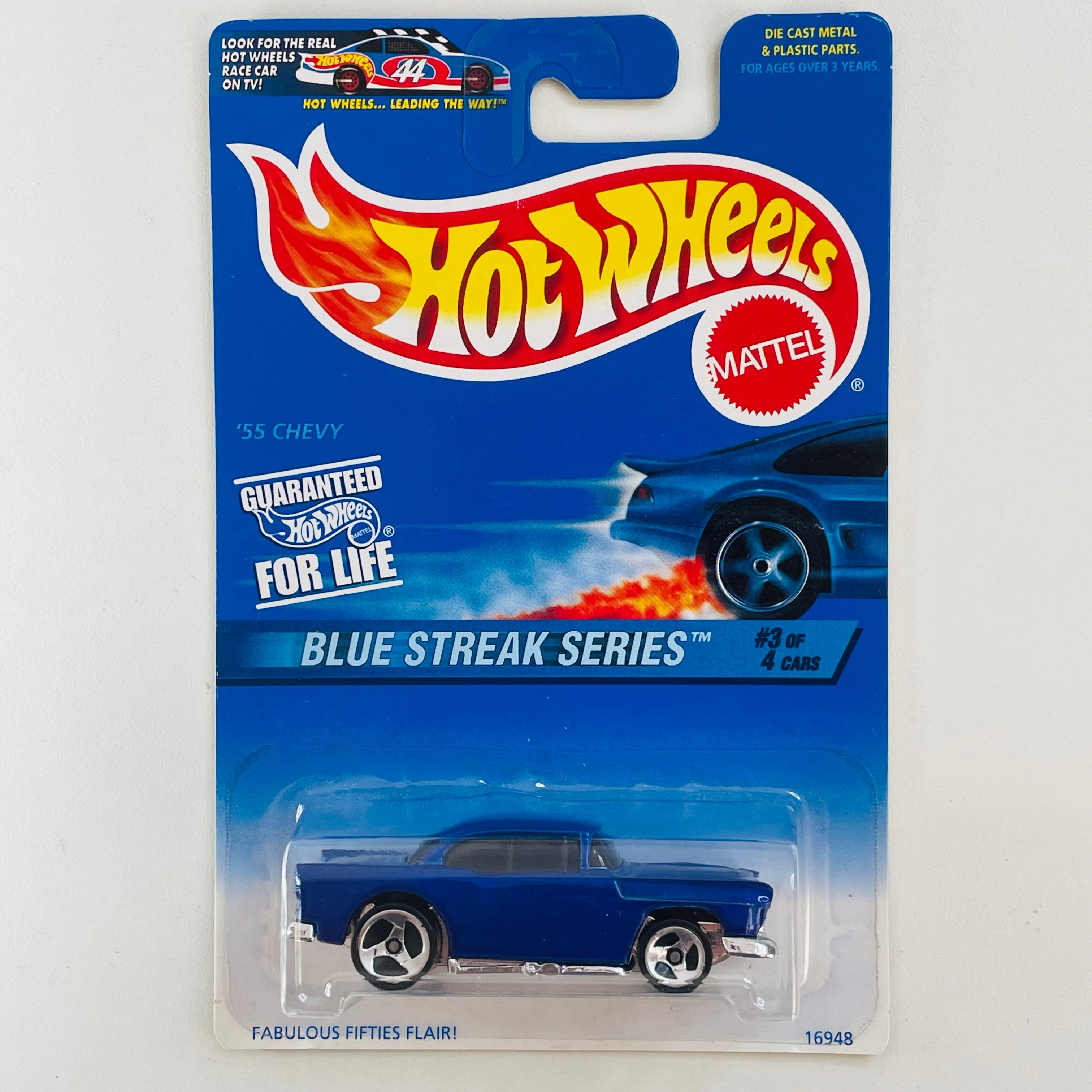 1997 Hot Wheels Blue Streak Series 55 Chevy azul metálico 3SP
