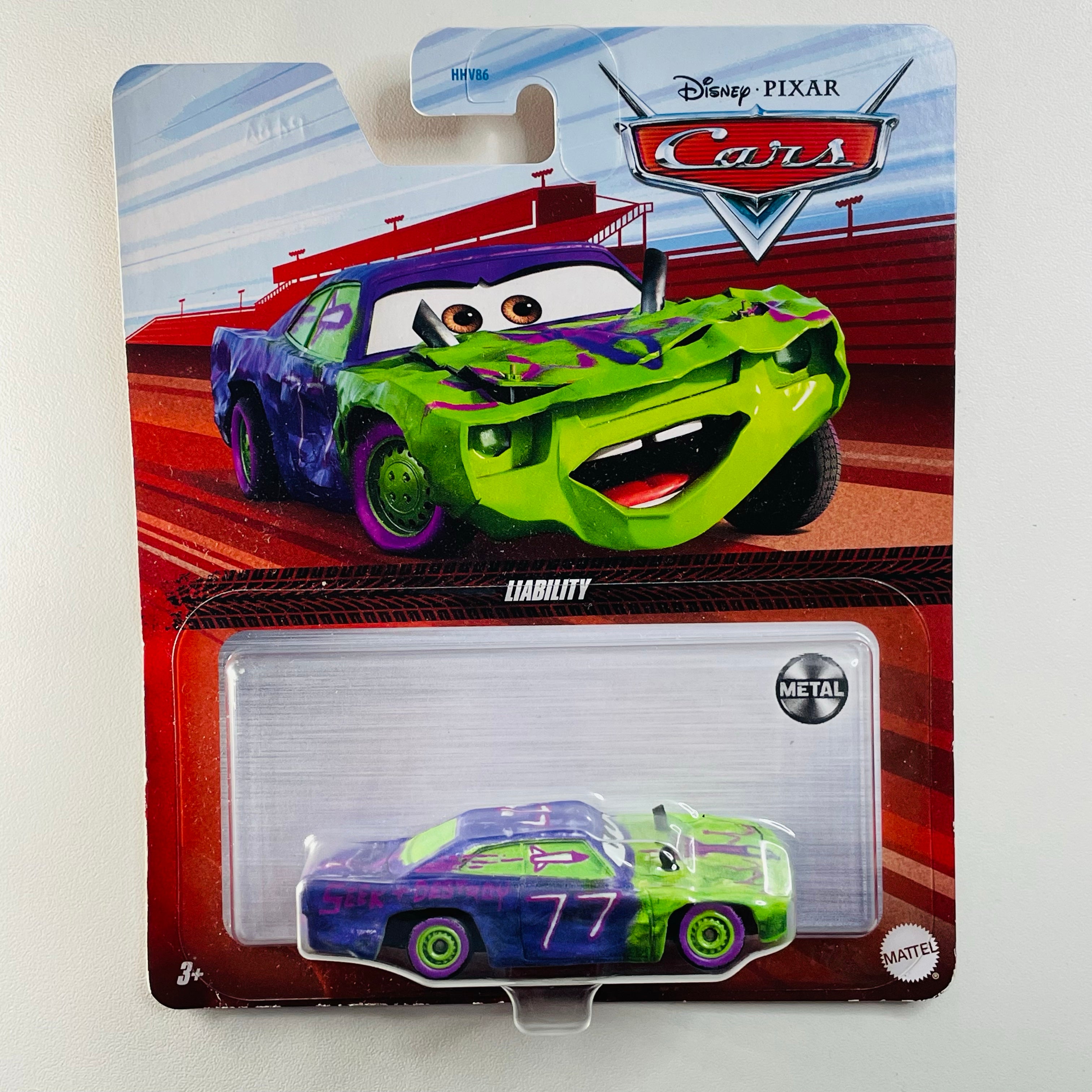 2021 Disney Pixar Cars 1:55 Metal Series Liability verde con morado
